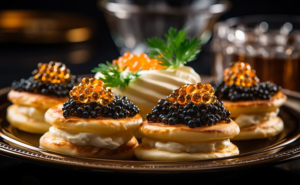 Blinis con queso crema y huevas