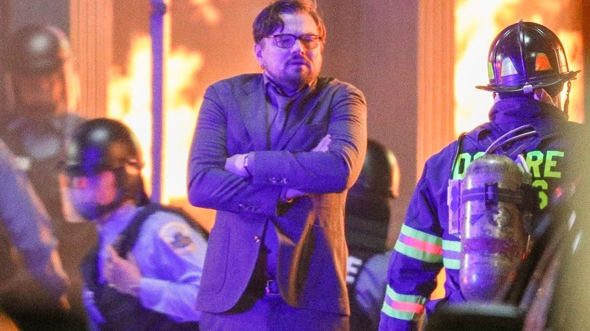 Leonardo DiCaprio surrounded by flames filming ‘Don’t Look Up’