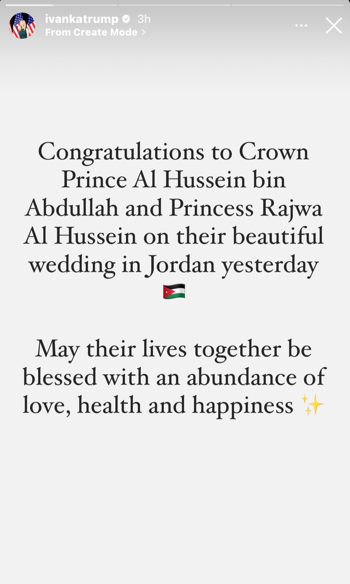 Ivanka Trump joins royals at Jordanian royal wedding celebration