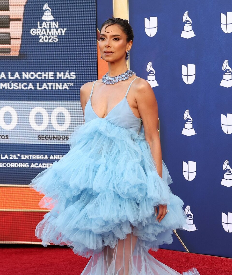 Roselyn Sánchez stuns in semi-sheer blue gown and diamond jewelry at the Latin Grammys 2025