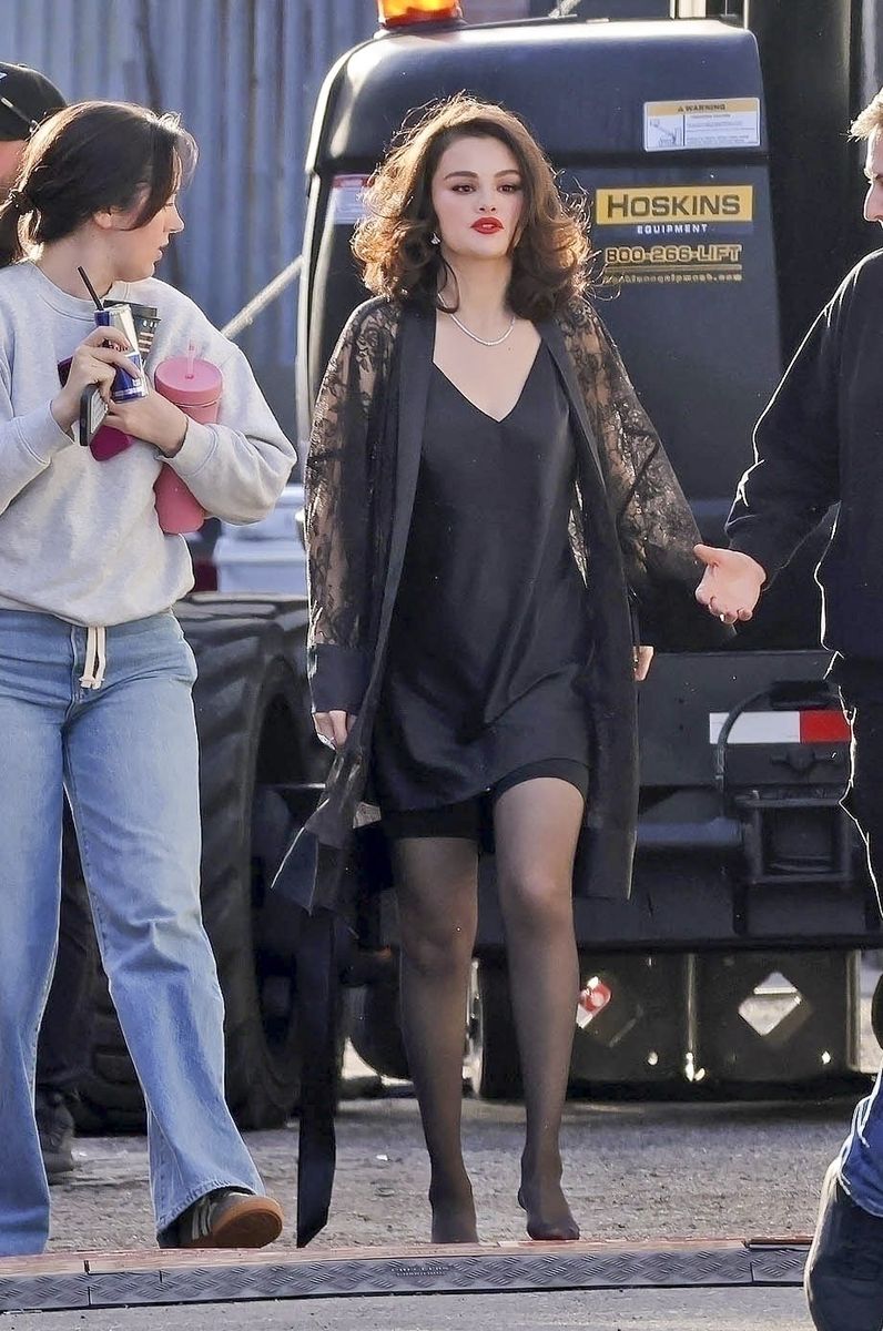 Selena Gomez wears black slip lingerie on the set of new music video ...