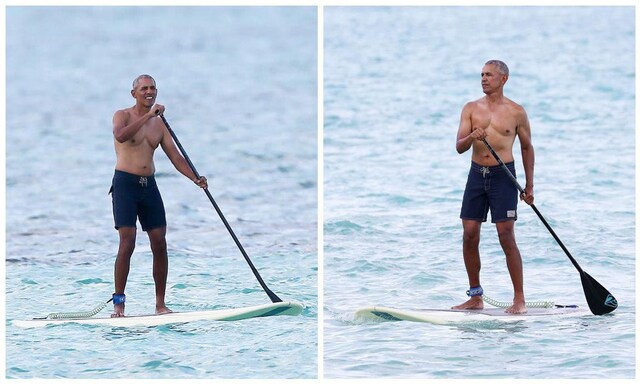 Barack Obama paddle-boards shirtless in his home state Hawaii